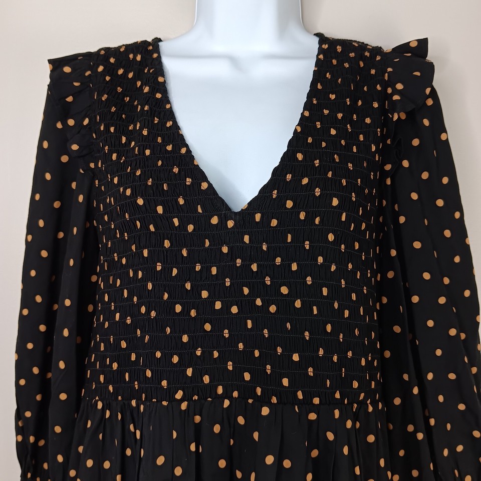 Madewell Dress Womens Large Lucie Smocked Mini Black Polka Dot Prairie ...