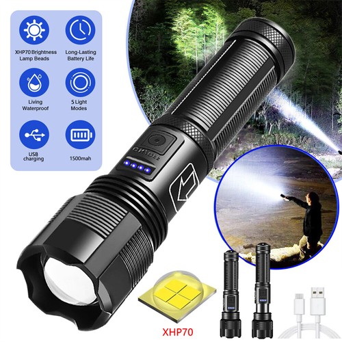 LED Flashlight Zoom Tactical Torch XHP70 Super Bright USB Rechargeable ...