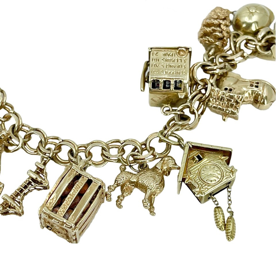 Vintage 70.1 gm 14 kt Charm Bracelet slot machine race tic trolley old ...