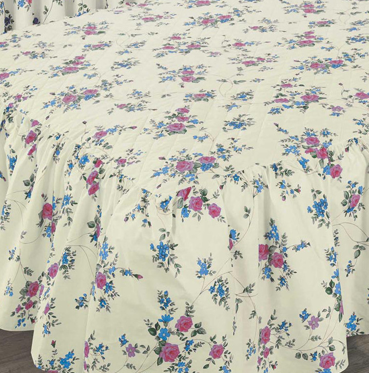 LIZ BLUE FITTED BEDSPREAD SET EXTRA DEEP FRILL PINK CREAM GREEN FLOWERS ...