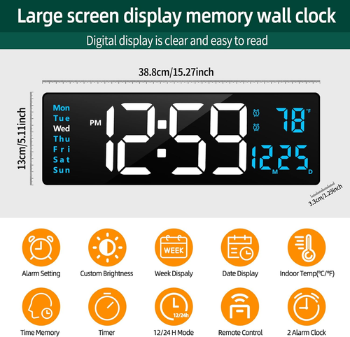 16" Large Digital Wall Clock Timer,Remote Control,2 Alarms, LED Display ...