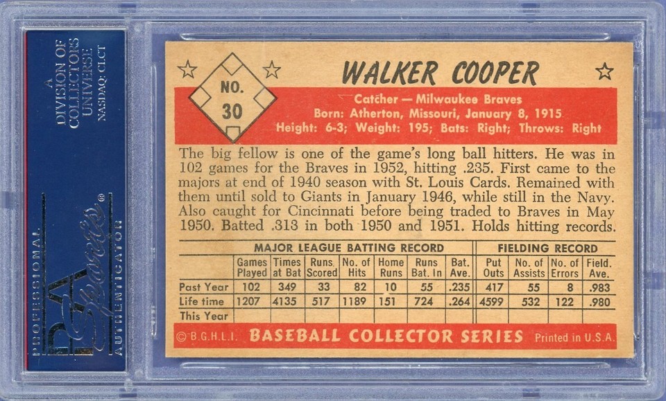 1953 Bowman B&W #30 Walker Cooper Boston Braves PSA 8 | eBay