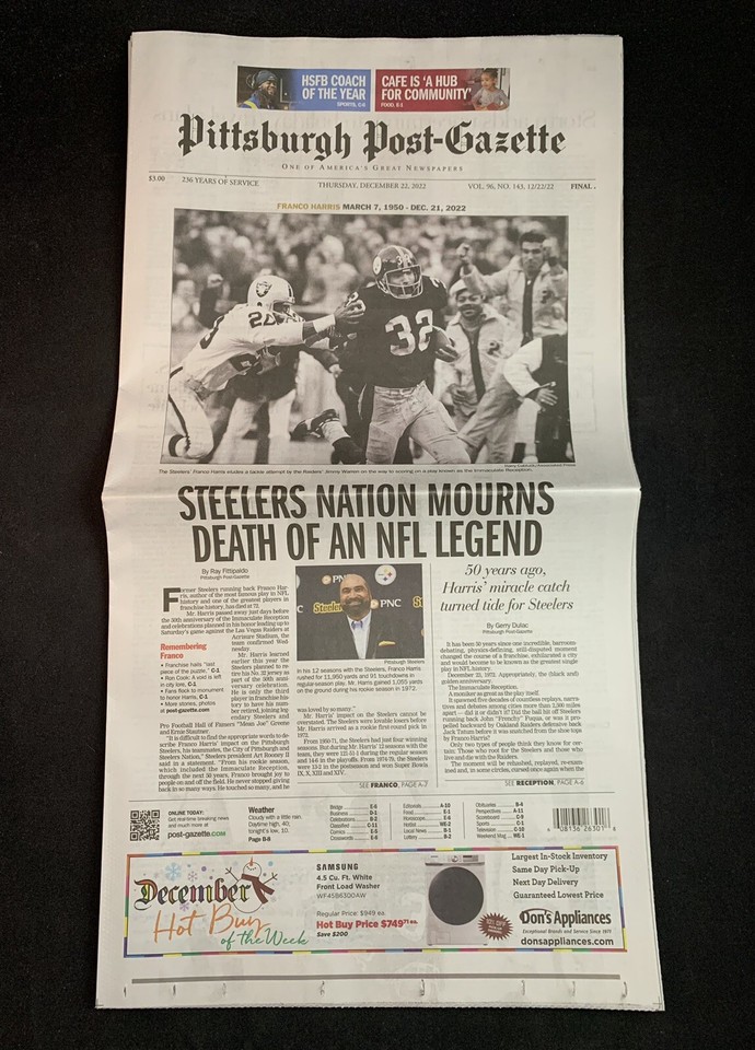 Pittsburgh Post-Gazette Newspaper Franco Harris Steelers Memorial Issue ...