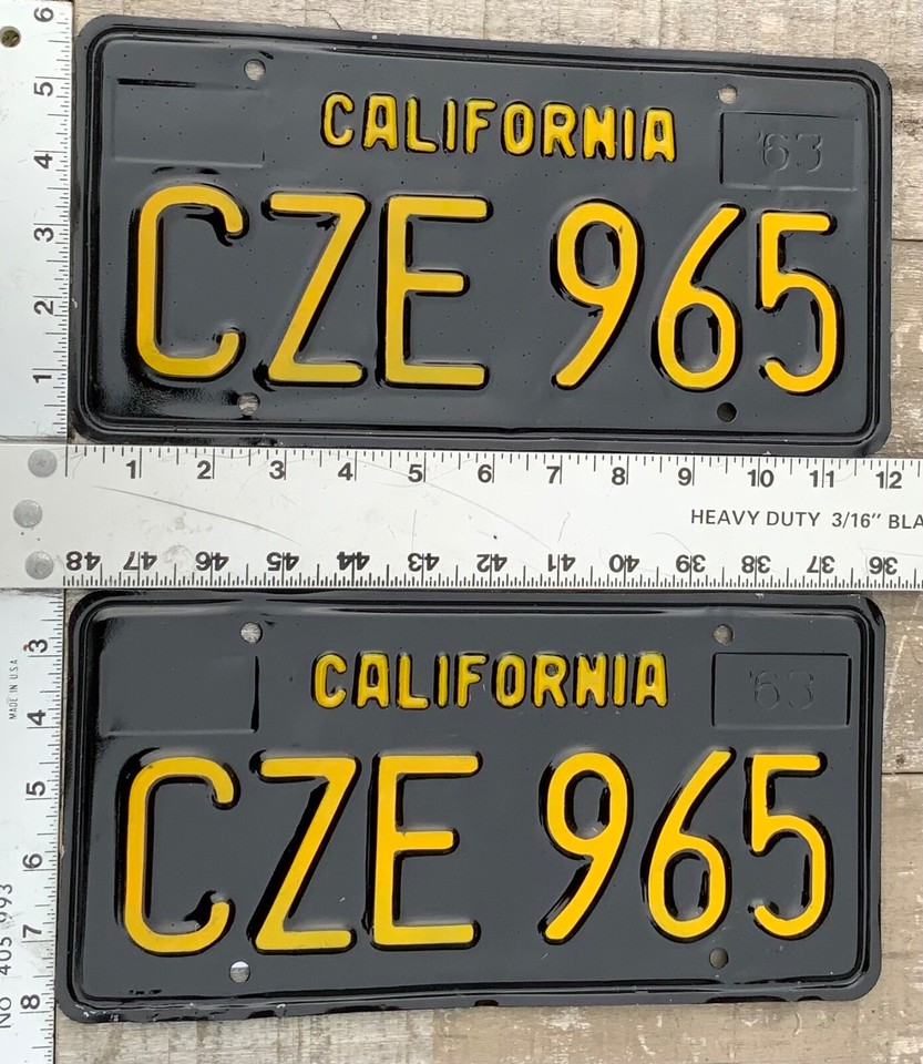 VARIOUS NUMBERS 1963 base California DMV CLEAR PAIRS black car license ...