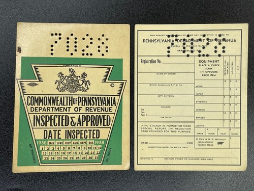 1938 Pennsylvania Inspection Sticker Pa Vtg Car Truck UNISSUED ...