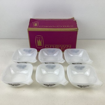 Vintage Crown Pyrex Tiki Floral Milk Glass Ramekin Set with Box (H4) S ...