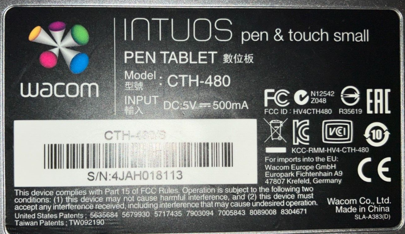 Wacom Intuos CTH-480 Pen & Touch Small Pen Tablet w cable. No Pen ...