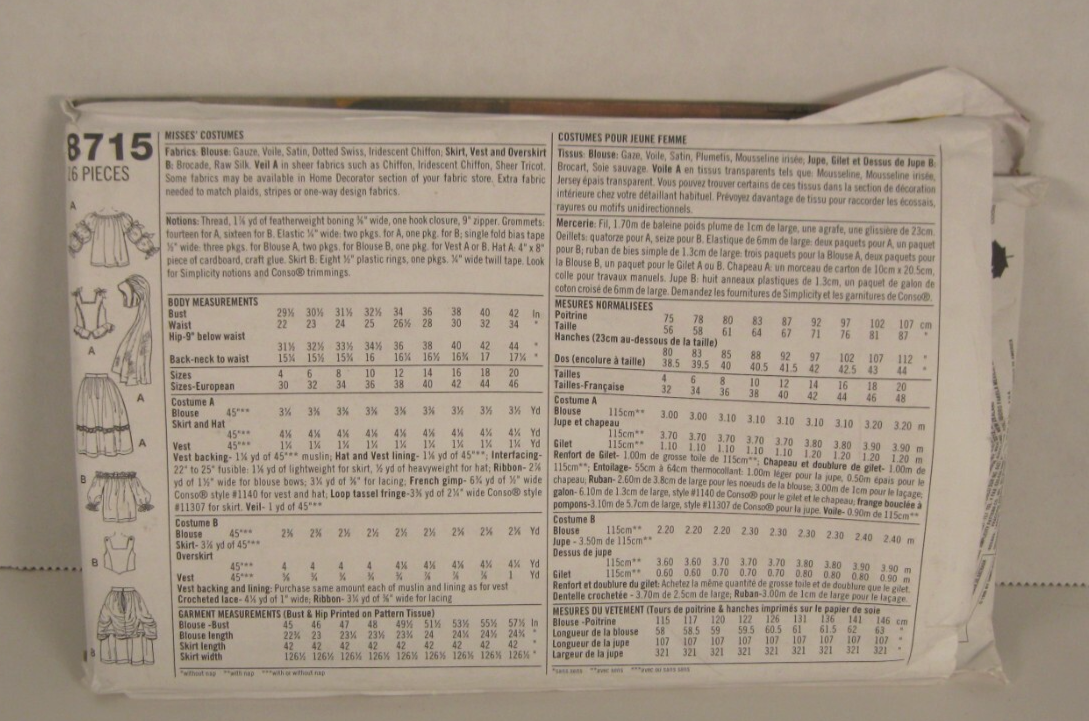 Simplicity 8715 Renaissance Costume Collection 1999 Sewing Pattern Size ...
