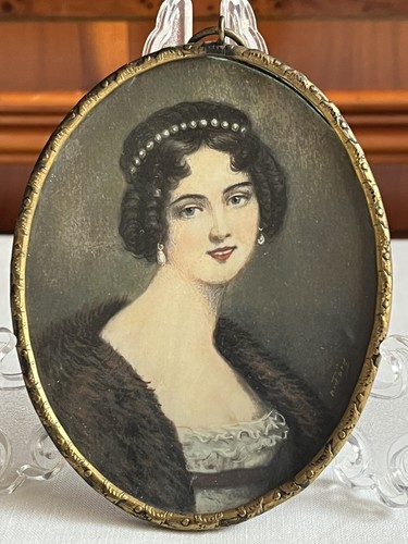 Antique Miniature Portrait Painting Of Blue Eyed Lady In Bronze Frame ...