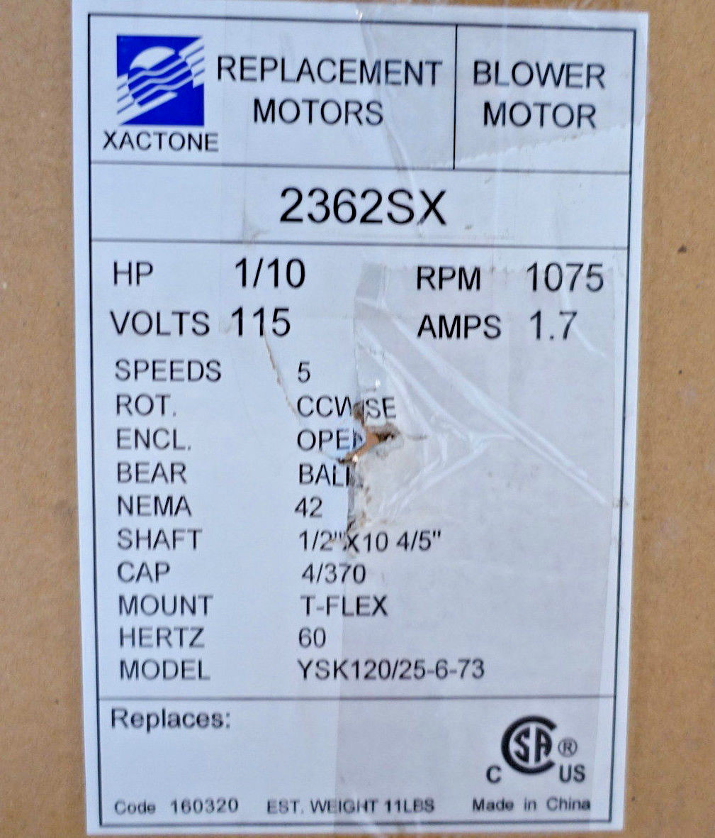 XACTONE 2362SX, YSK120/25-6-73 *NEW* OEM BLOWER MOTOR 1/10HP, 115VAC ...