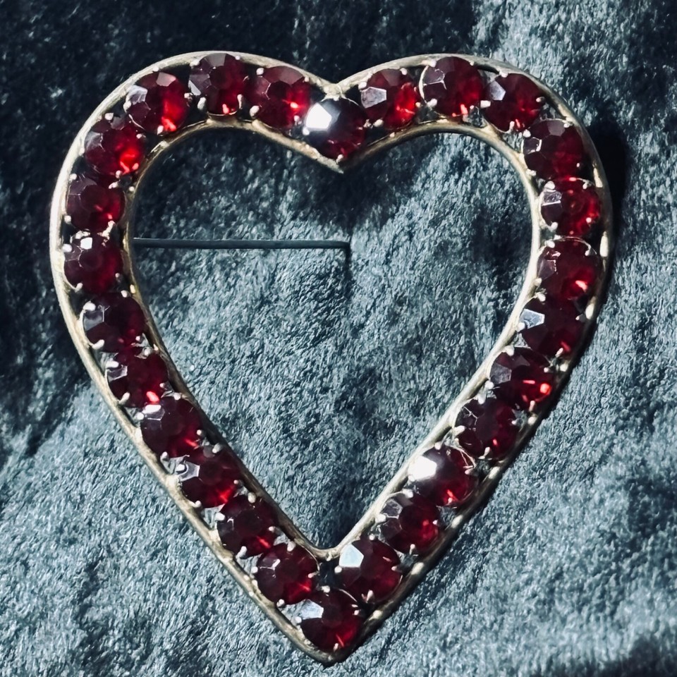 STERLING SILVER heart red rhinestones foil backed prong set cups brooch ...