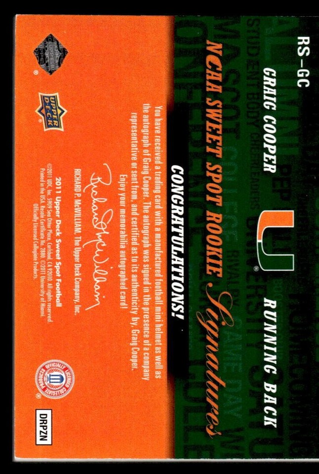 2011 UPPER DECK SWEET SPOT GRAIG COOPER RS-GC RC HELMET AUTOGRAPH 115/ ...