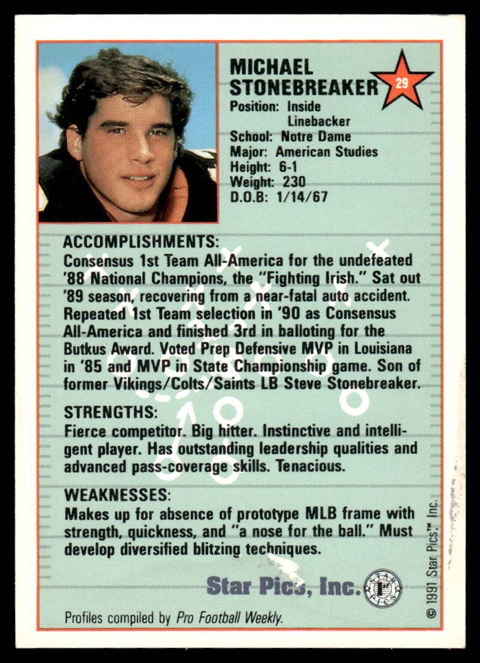 1991 Star Pics #29 Mike Stonebreaker Near Mint or Better | eBay
