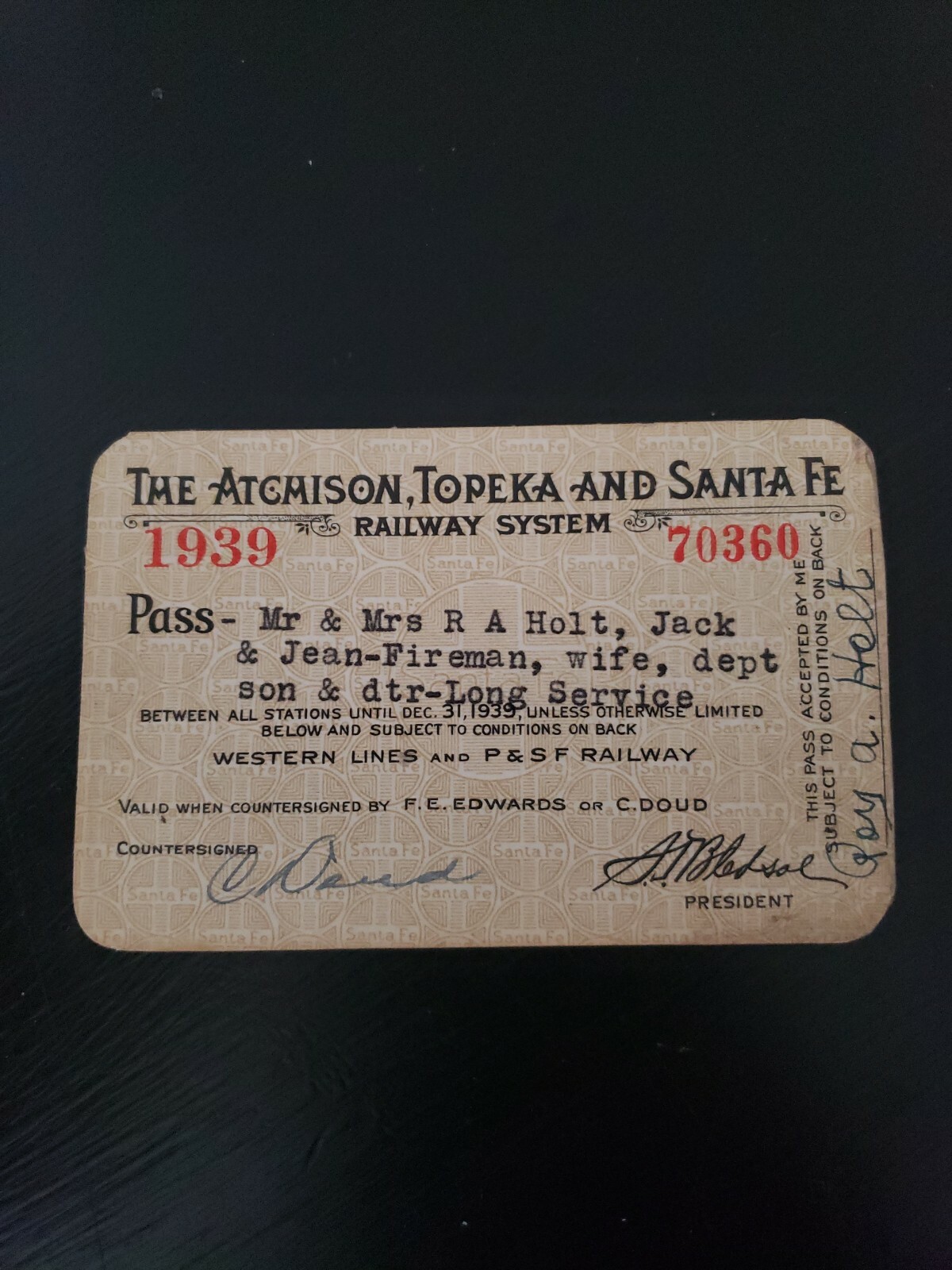 Vintage Rare 1939 Atchison Topeka & Santa Fe Railroad Railway Pass ...