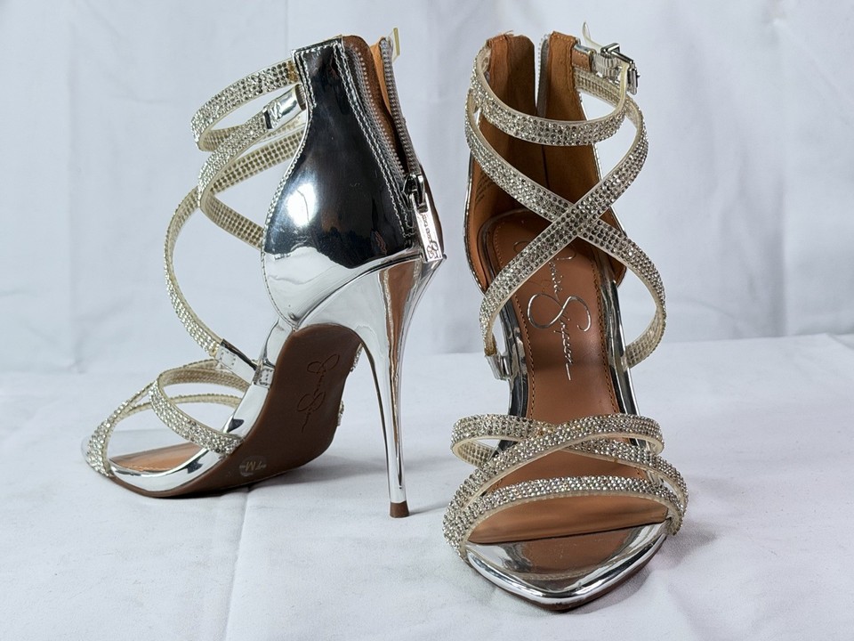 Jessica Simpson Silver Rhinestone Strappy Stiletto Heels Size 7M / EU ...