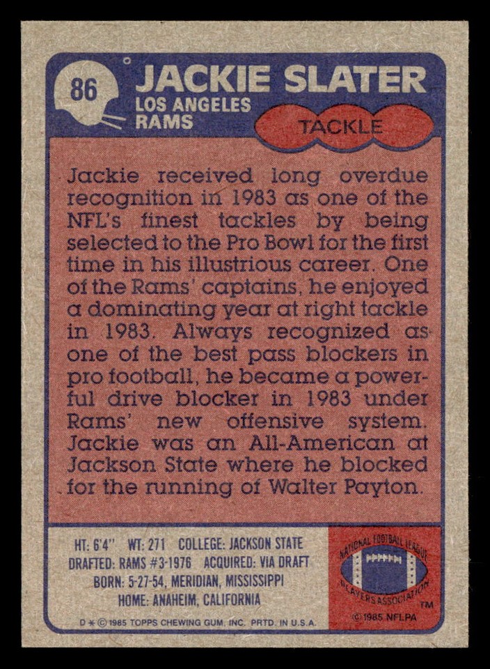 Jackie Slater 1985 Topps Card #86 Los Angeles Rams | eBay