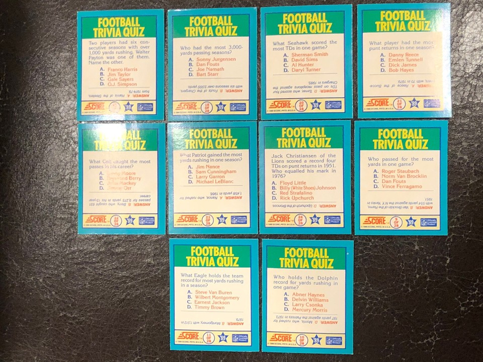 10- 1989 Score Football Trivia Quiz Inserts Mixed NM-MT | eBay