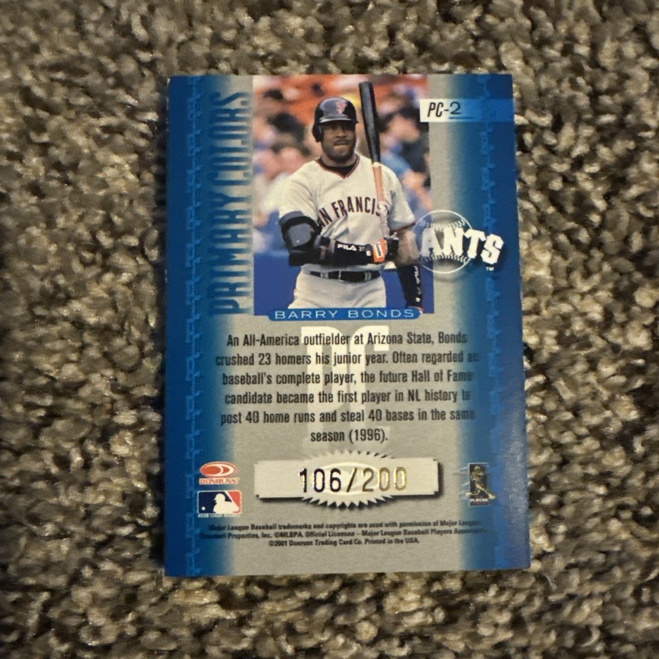 2001 BARRY BONDS DONRUSS ELITE PRIMARY COLORS BLUE FOIL #PC-2 106/200 ...