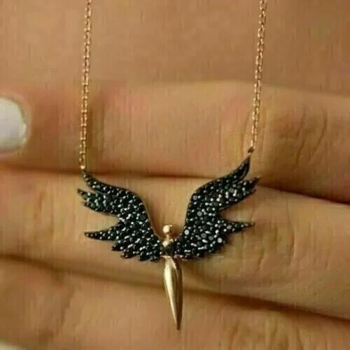 1Ct Lab Created Black Diamond Angel Wings Pendant 14k Yellow Gold ...