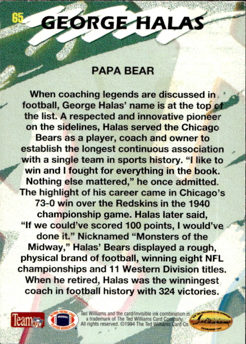 1994 Ted Williams George Halas Papa Bear 65 Chicago Bears | eBay