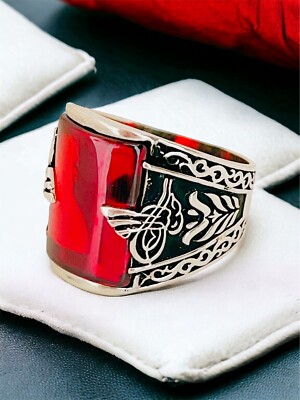 Ottoman Tugra Design Red stone 925 Sterling Silver Arabic Calligraphy ...