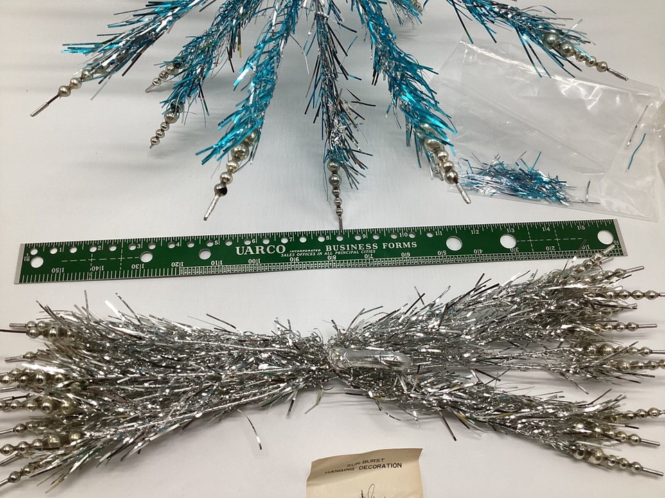 Vintage 16” Sun Burst Mercury Glass Bead Blue Silver Tinsel Christmas ...