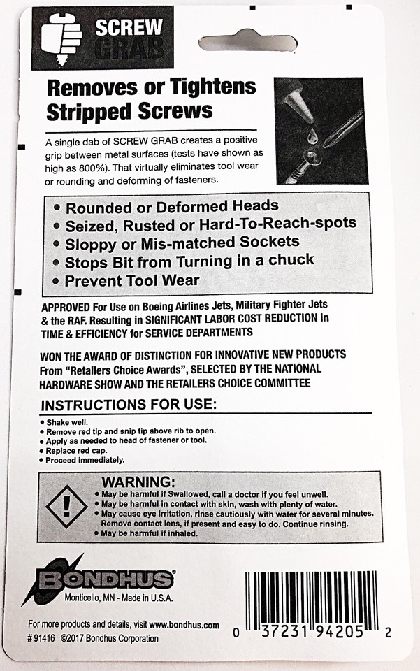 Bondhus Screw Grab Friction Drops 15ml. Removes Or Tightens Stripped ...