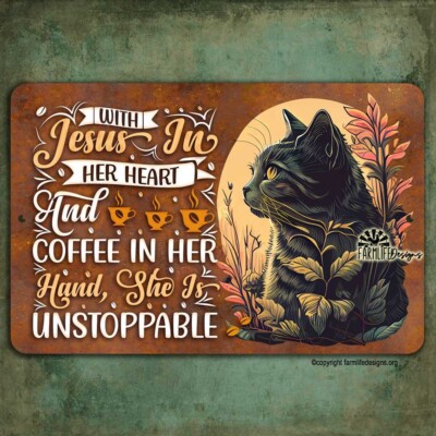 Cat Coffee Sign Jesus in Her Heart metal tin wall art home kitchen ...