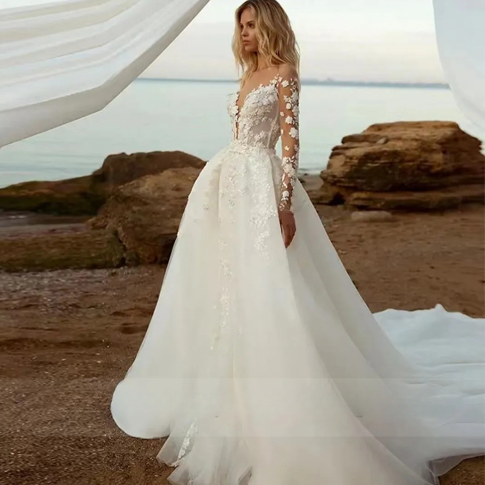 Boho Applique Mermaid Wedding Dresses O-Neck Illusion Detachable Sweep ...