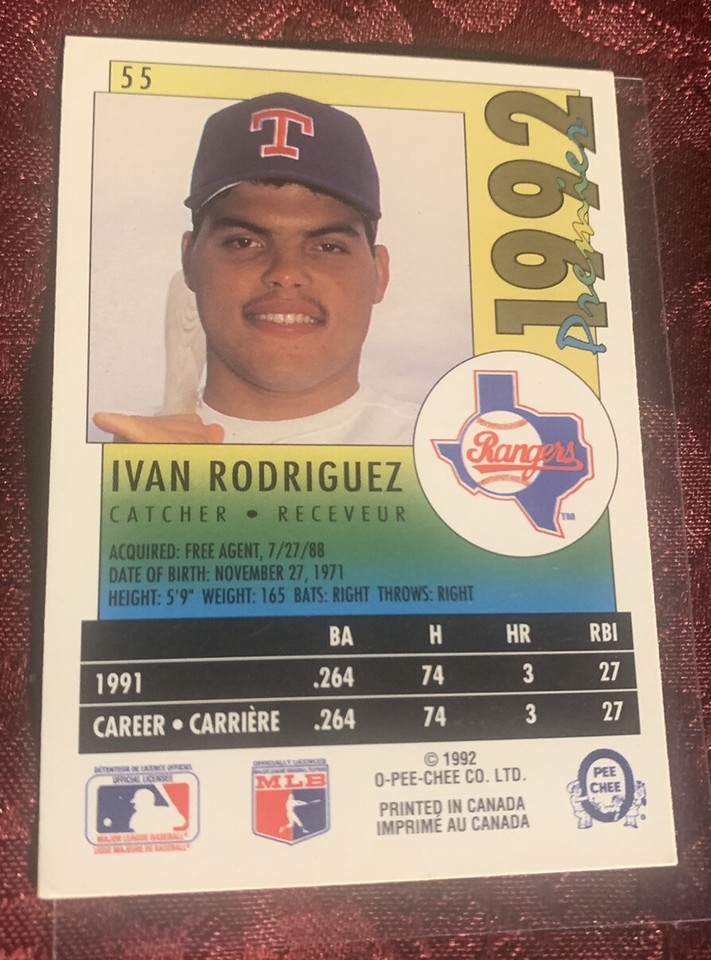 Ivan “Pudge” Rodriguez 1992 O-Pee-Chee Premier #55, Texas Rangers MLB ...