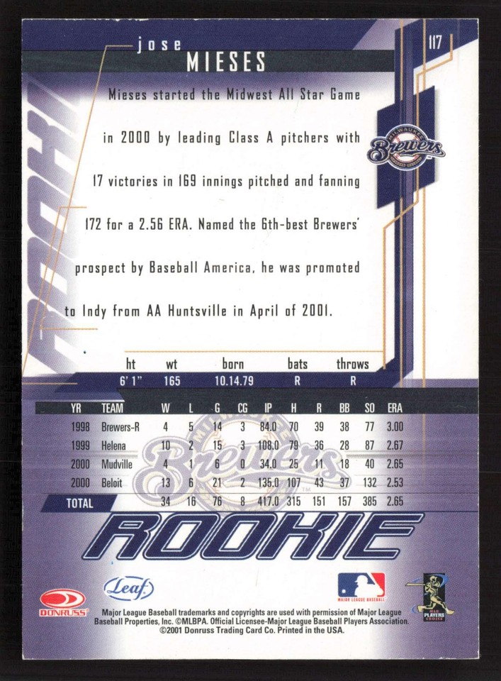 Jose Mieses 2001 Leaf Rookies & Stars Auto Rookie Autograph VG WR {0817 ...