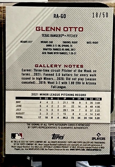 2022 Topps Gallery - Rookie Autographs Blue #RA-GO Glenn Otto /50 (AU ...