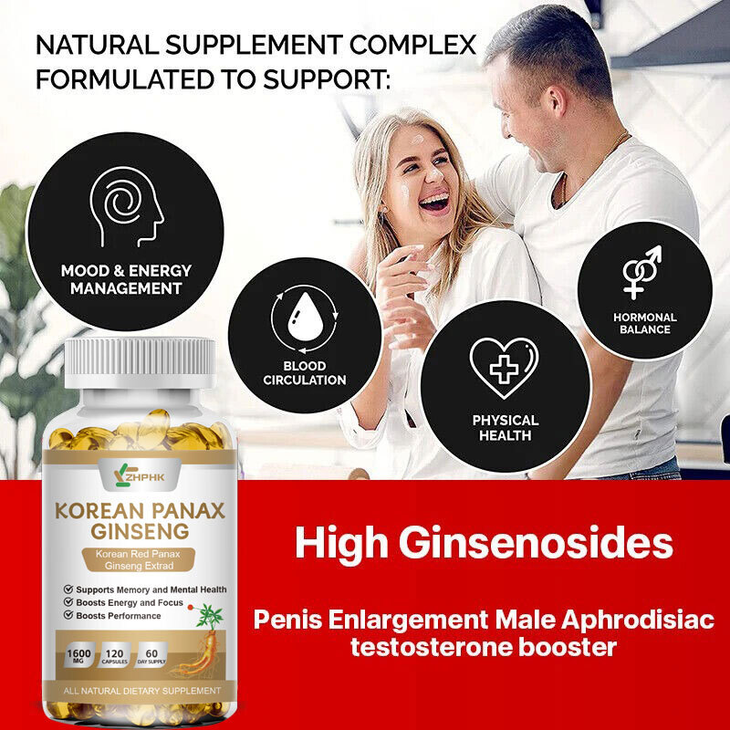 Korean Red Panax Ginseng 1600mg 120 Capsules Energy Libido Testosterone ...
