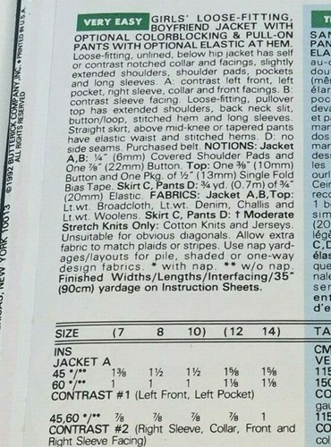 Butterick 6290 Girls BOYFRIEND Jacket Top Pant Skirt Sz 12 14 ...