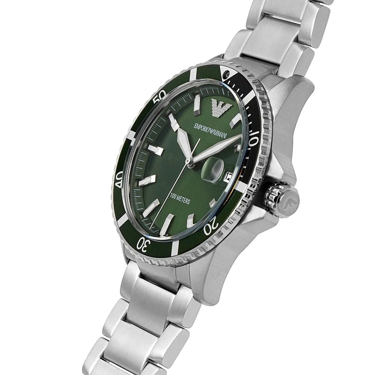 EMPORIO ARMANI MENS WATCH DIVER AR11338 STAINLESS STEEL SILVER & GREEN ...