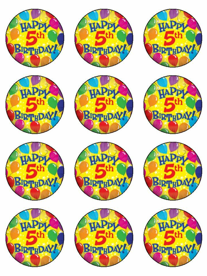 Multi colour 5th age 5 birthday edible cupcake Toppers Wafer or Icing ...