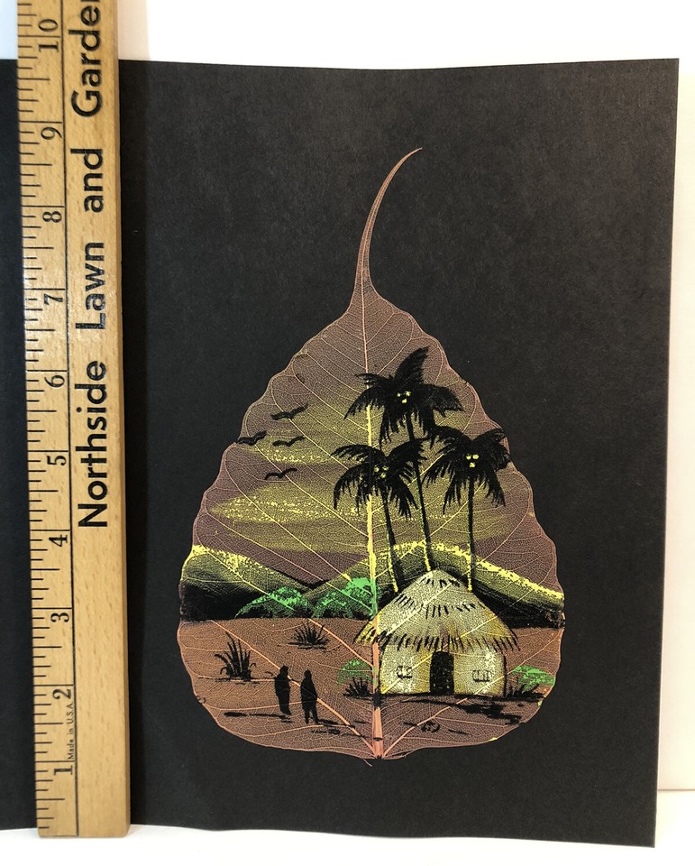 Vintage India Art Hand Painted Oil Skeleton Pipal Peepal Tree Leaf Palm ...