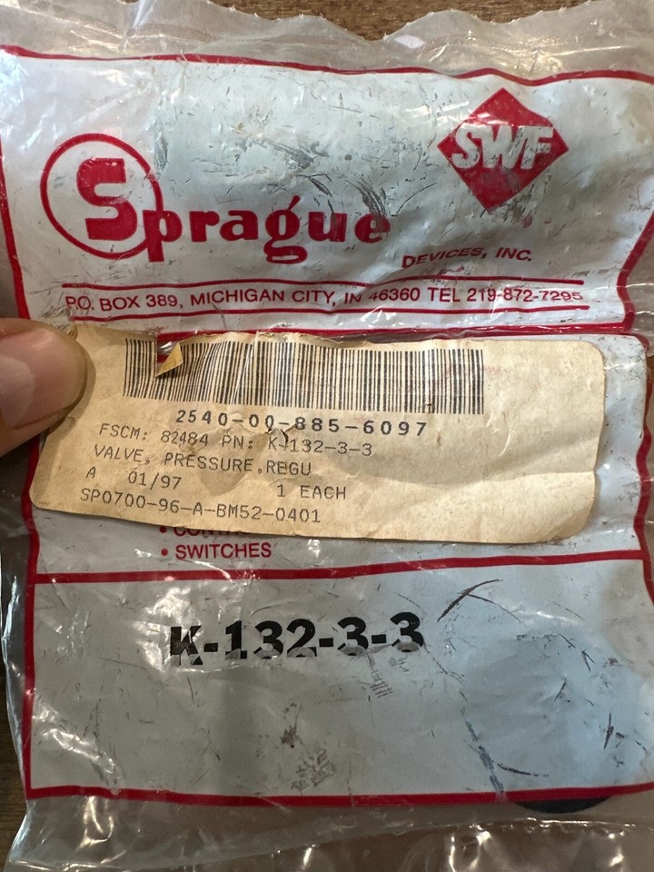SPRAGUE Air Wiper Control Valve K-132-3-3 K132 2540-00-885-6097