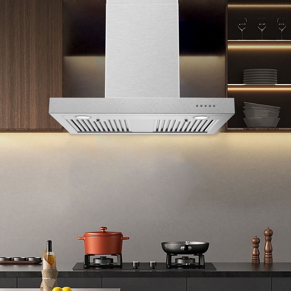 30in Wall Mount T-Shape Range Hood 900CFM Stainless Steel Stove Vent 3 ...