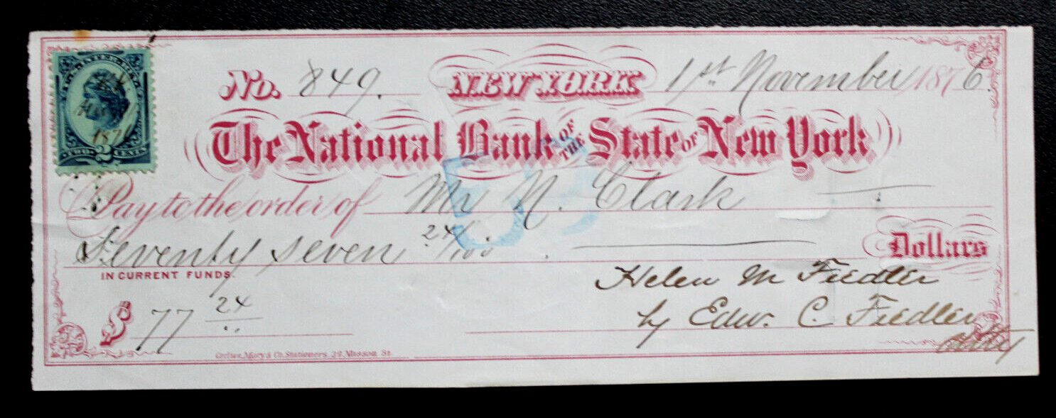BANK CHECK 1876 NEW YORK STATE BANK OF NEW YORK Beautiful Revenue Stamp ...