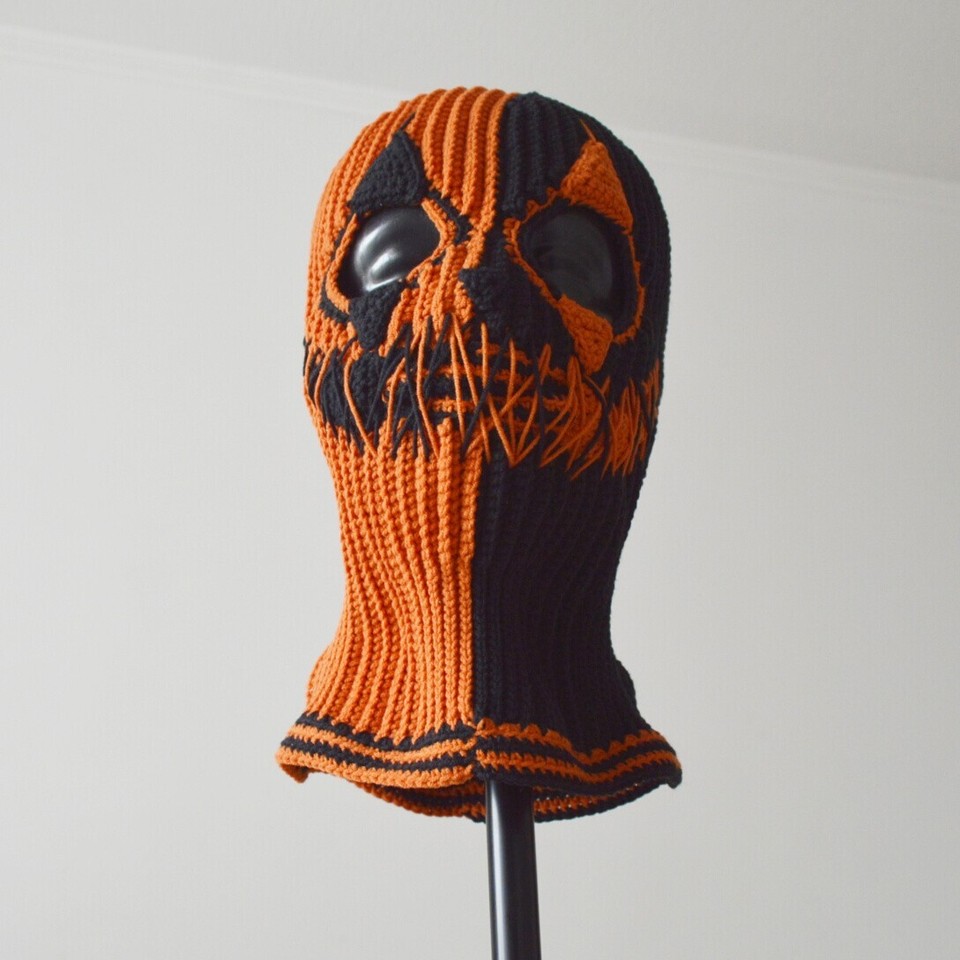 Custom knit creepy black orange balaclava baddie Crochet ghost clown ...