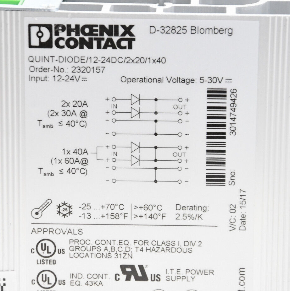 QUINT-DIODE/12-24DC/2x20/1x40 Phoenix Contact 24VDC Redundancy Module ...