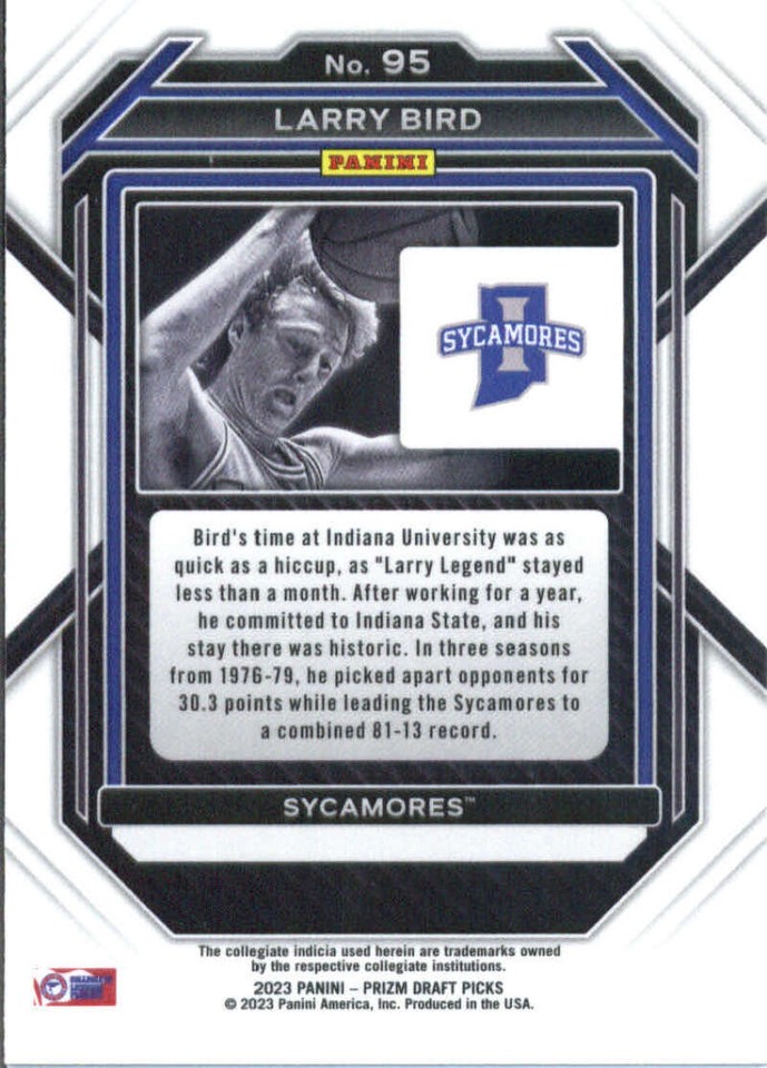 2023-24 Panini Prizm Draft Picks #95 Larry Bird Indiana State Sycamores ...