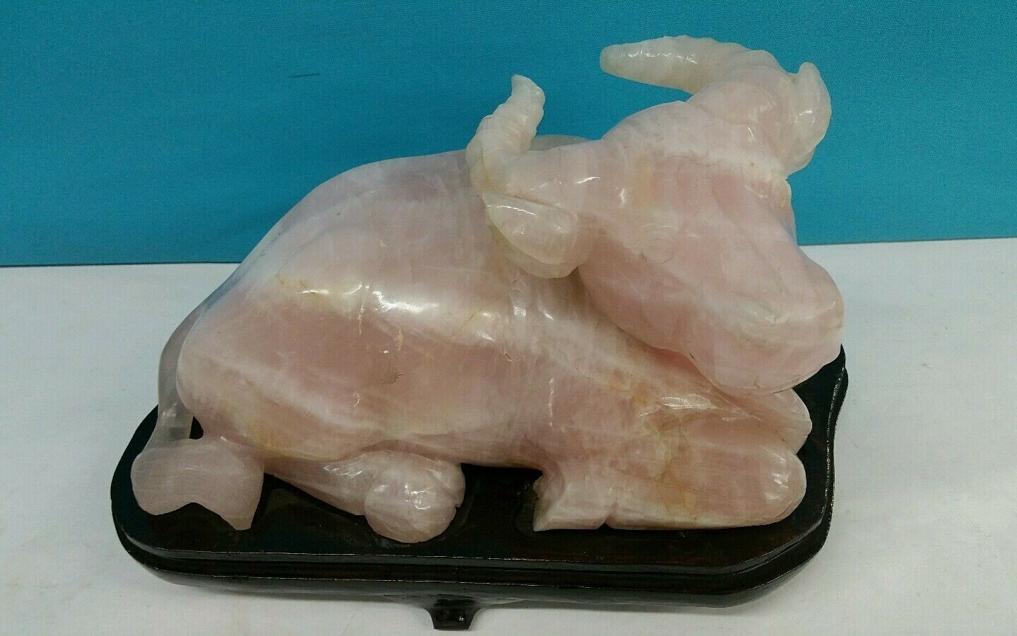 CHINESE CARVED ROSE QUARTZ STATUE OF A BULL WITH WOOD STAND | eBay