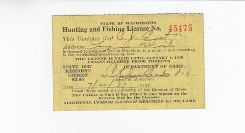1937 Hunting And Fishing License State Of Washington | eBay
