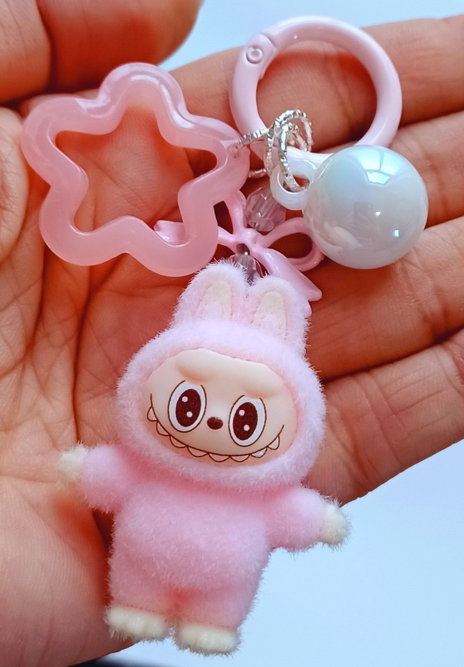 Too Cute! LABUBU PINK FURRY Keychain Key Ring Collectible Clip On Bag ...