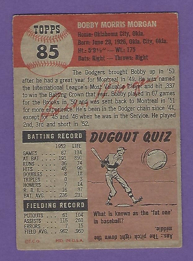 1953 Topps - #85 Bobby Morgan - Brooklyn Dodgers - Ex+ CENTERED | eBay