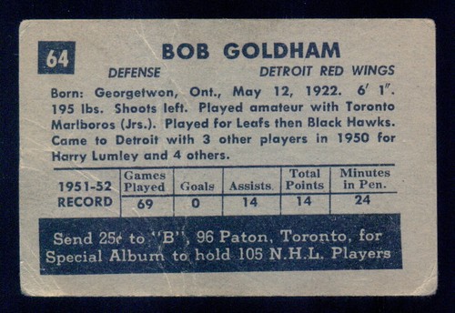 1952-53 PARKHURST NHL HOCKEY #64 Bob Goldham VG Detroit Red Wings Card ...