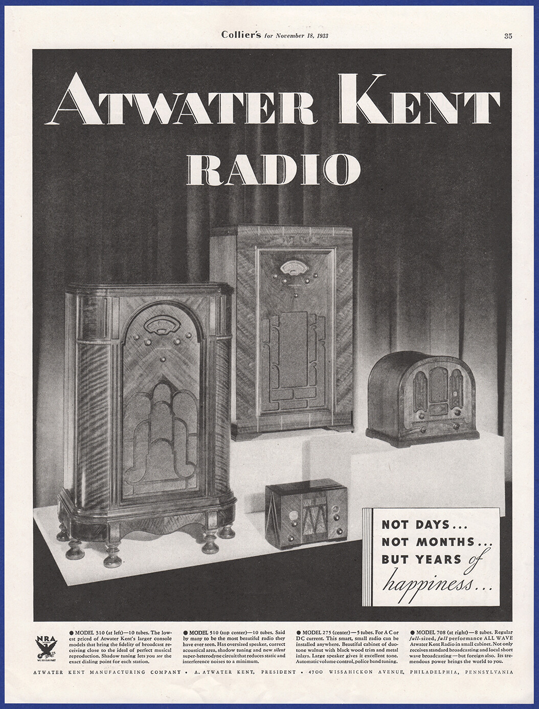 Vintage 1933 ATWATER KENT Models 310 510 275 708 Tube Radio 1930's ...