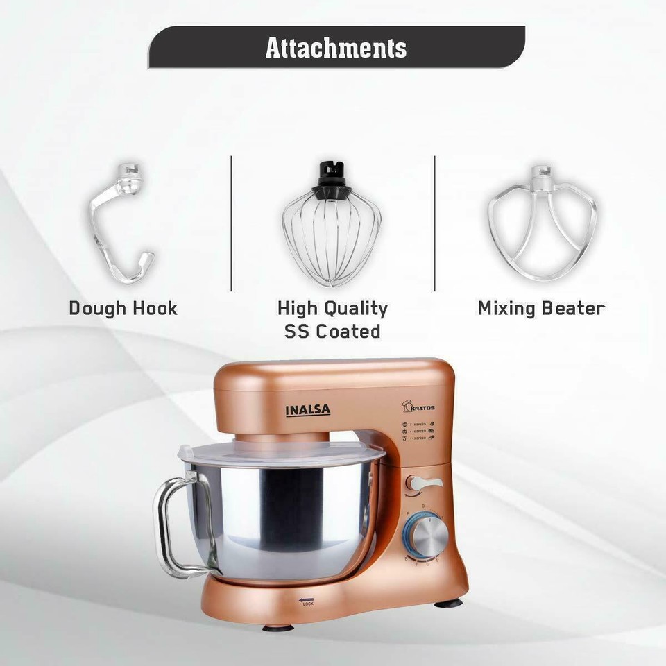 Inalsa Stand Mixer Kratos-1000W | 100% Pure Copper Motor| 5L SS Bowl| 8 ...